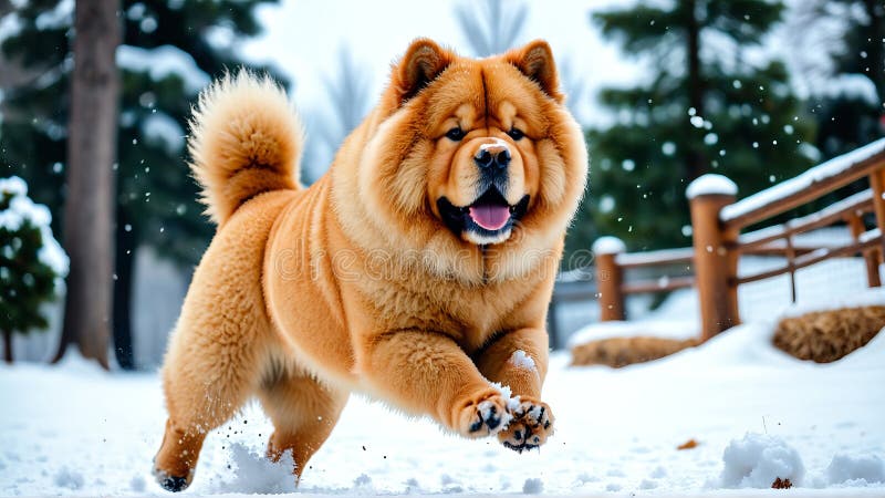 Joyful Chow Chow Running in Snowy Winter Landscape with Trees Stock ...