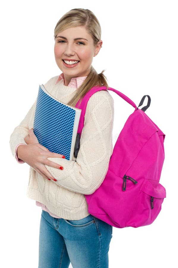 Joyful College Student Posing with Pink Backpack Stock Image - Image of ...