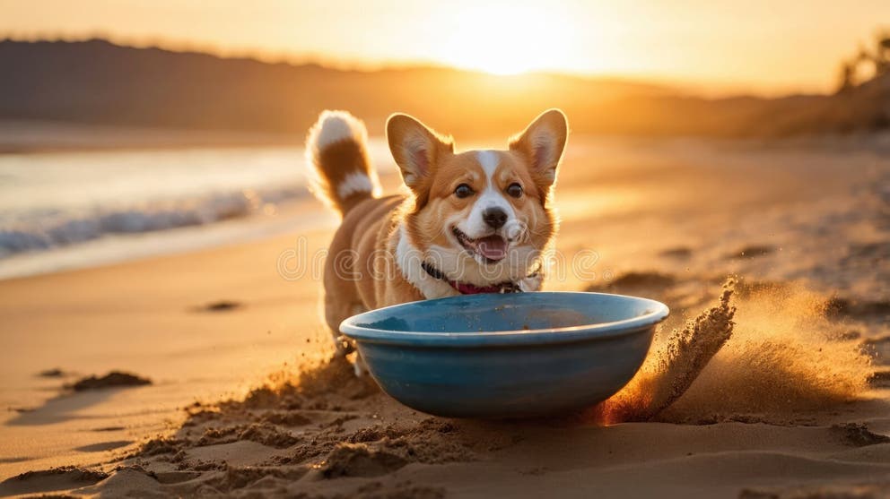 Golden Hour Corgi Beach Fun: Playful Puppy Digging in Sand Stock ...