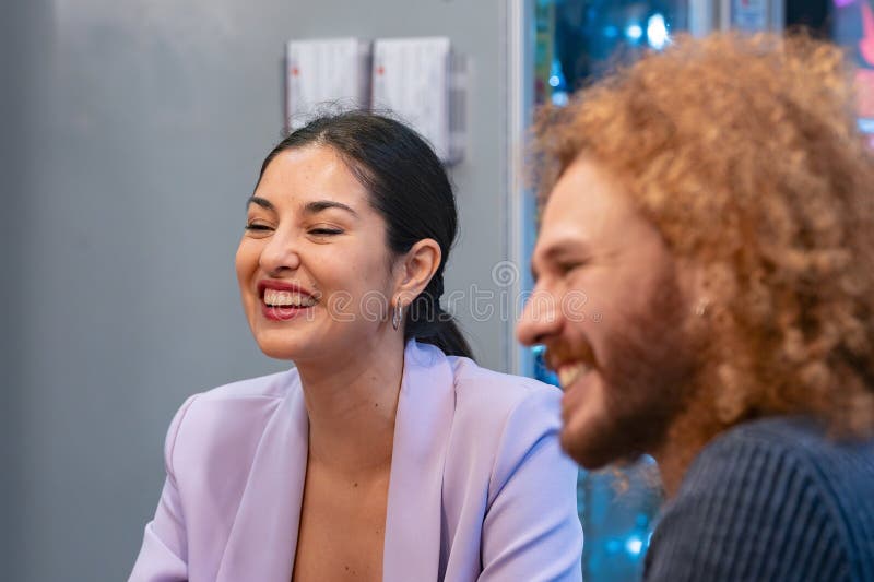 Joyful Coworkers Laughing in Office Kitchen. Stock Photo - Image of ...