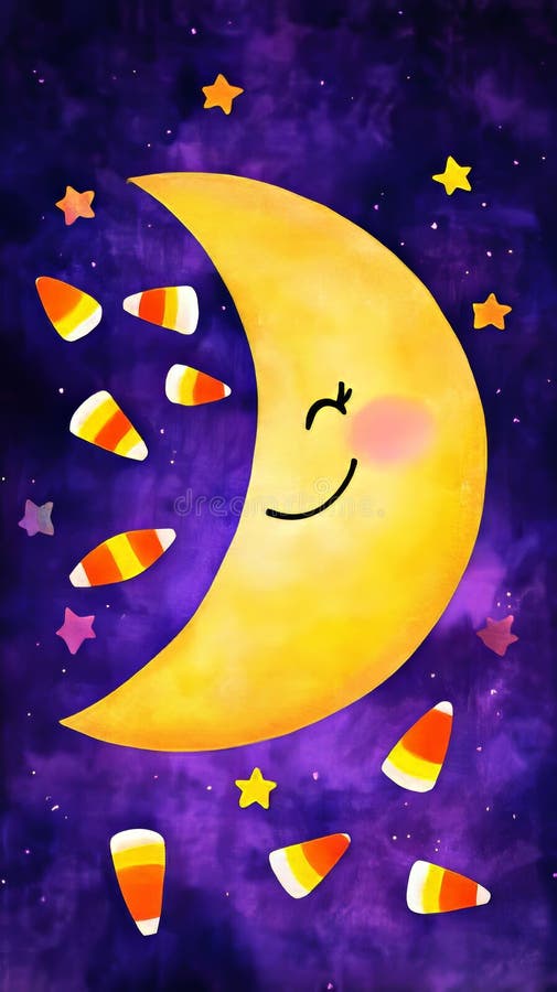 A Joyful Crescent Moon with a Smile, Set among Candy Corn and Stars ...