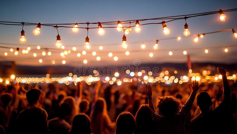 A Joyful Crowd Celebrates at an Outdoor Night Event, Illuminated by ...