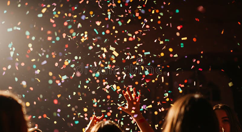 Joyful Crowd Celebrating with Multicolored Confetti Under Dynamic Night ...