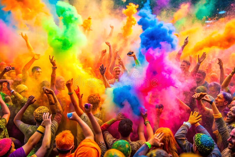 Joyful Crowd Celebrating with Vibrant Colored Powder Stock Illustration ...
