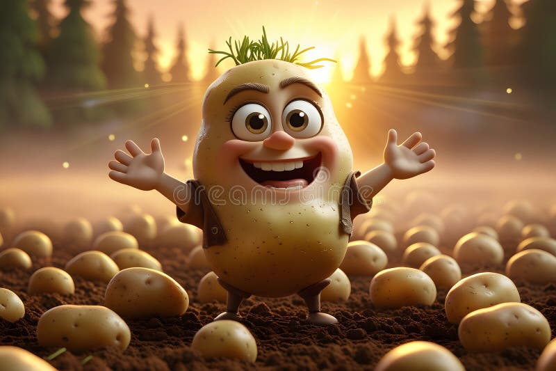 Joyful 3D Cartoon Potato Character in Sunrise Field – Hyper Realistic ...