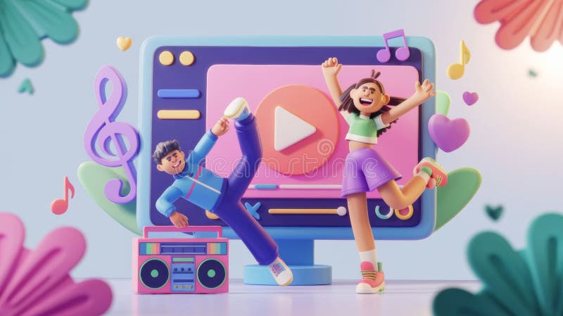 Joyful 3D Characters Dancing To Music on Screen AI Generated. Stock ...