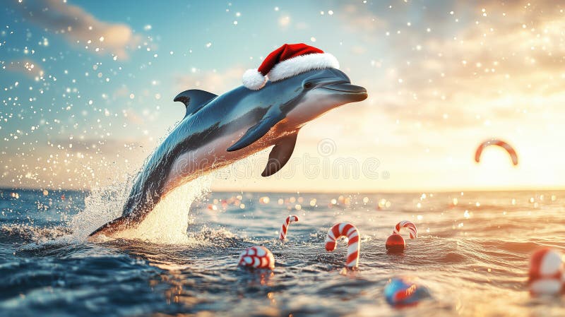 Joyful Dolphin Leaps from Ocean, Wearing Festive Santa Hat Stock ...