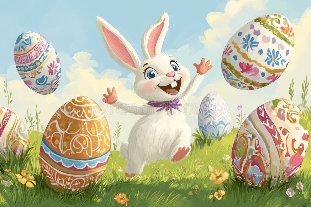 A Joyful Easter Bunny Bouncing through a Field of Oversized Easter Eggs, Each One Painted with ...