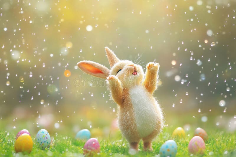 A Joyful Easter Bunny Dancing Under a Gentle Springtime Rain, with Tiny ...