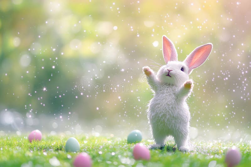 Joyful Easter Bunny Dancing Under Gentle Springtime Rain Tiny Raindrops ...