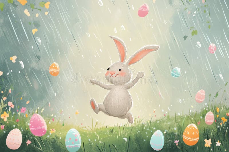 A Joyful Easter Bunny Dancing Under a Gentle Springtime Rain, with Tiny ...