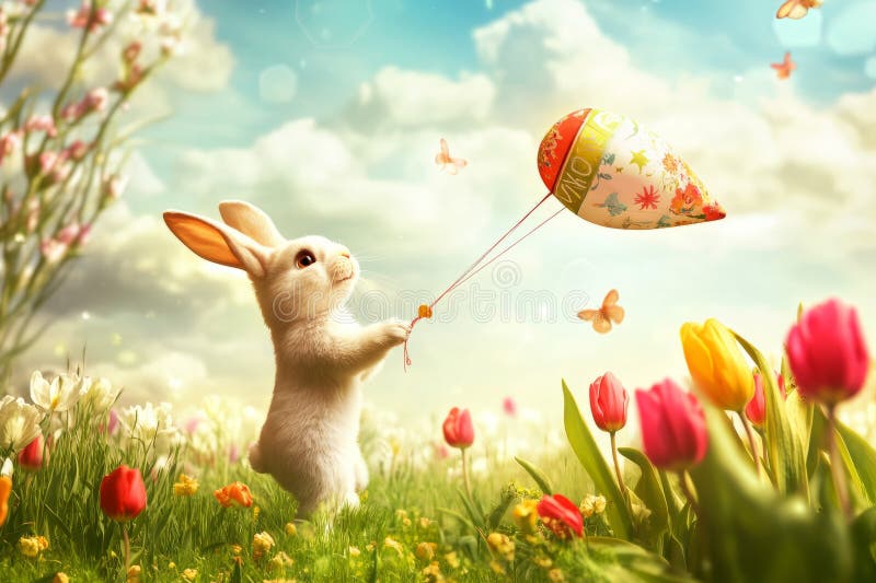 A Joyful Easter Bunny Flying a Kite Shaped Like a Giant Easter Egg in a ...