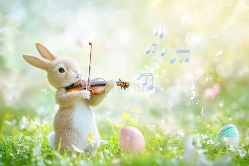 A Joyful Easter Bunny Playing a Tiny Violin, with Musical Notes Forming ...