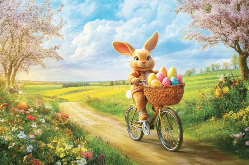 A Joyful Easter Bunny Riding a Bicycle through a Countryside Path, Its ...