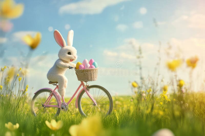 A Joyful Easter Bunny Riding a Pastel-colored Bicycle through a Spring ...