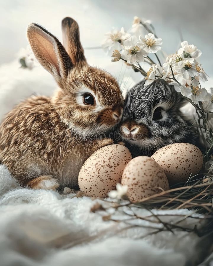 A Joyful Easter Day Celebration with a Small Rabbit and Bunny Sitting ...