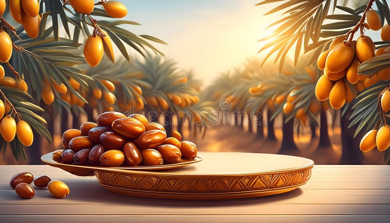 Empty Podium for Product Presentation and Dates Tree Background Stock ...