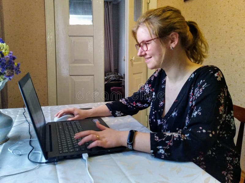 Joyful European Young Woman Work on Laptop at Home Stock Image - Image ...