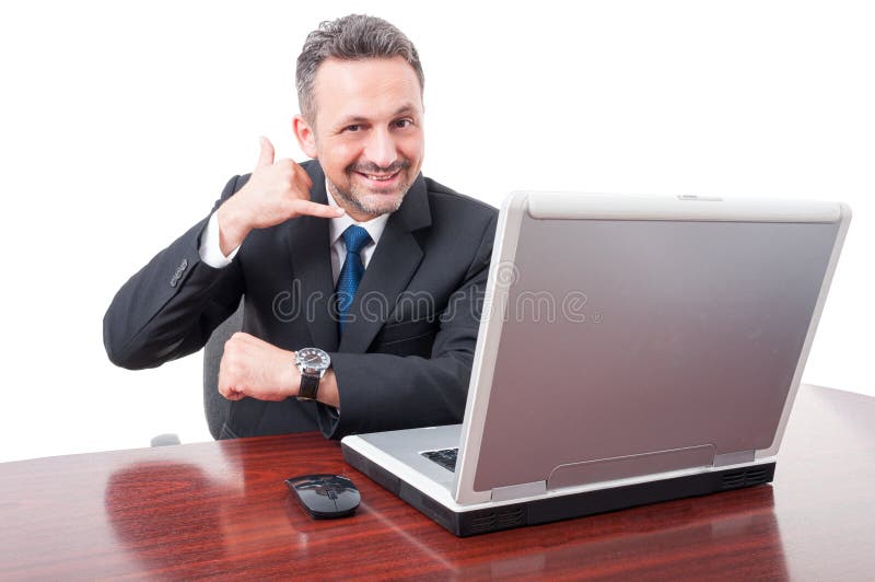 Joyful Executive Manager Doing Call Gesture Stock Image - Image of hand ...