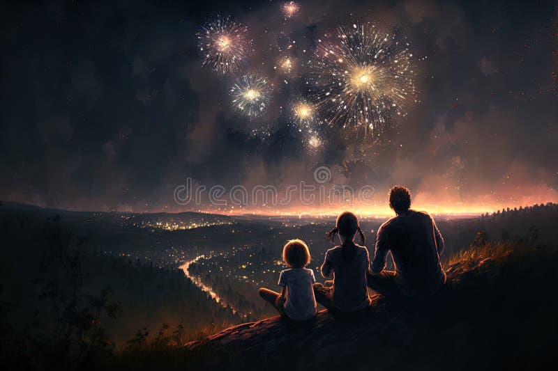 A Joyful Family Watching the Fireworks from a Hill Stock Illustration ...