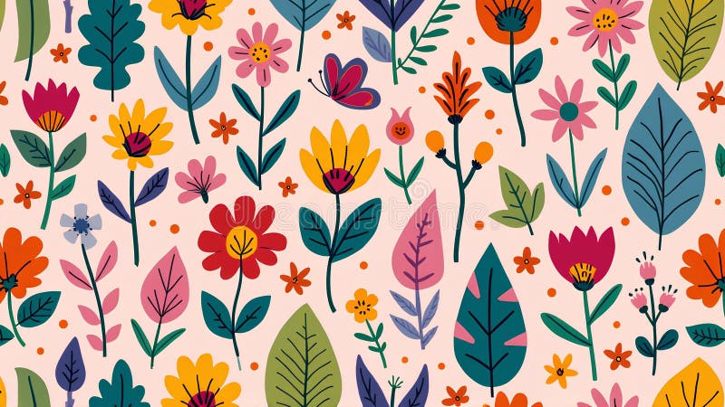 Joyful Floral and Butterfly Pattern in Bright, Playful Colors Stock ...