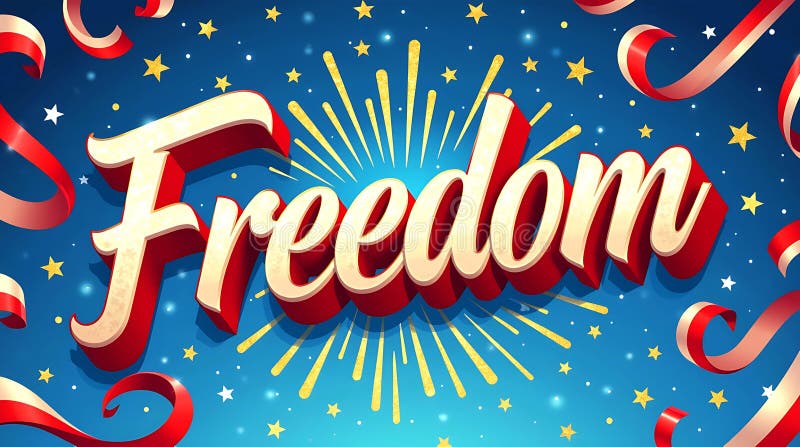 Joyful Freedom Typography with Bursting Rays and American Ribbons Stock ...