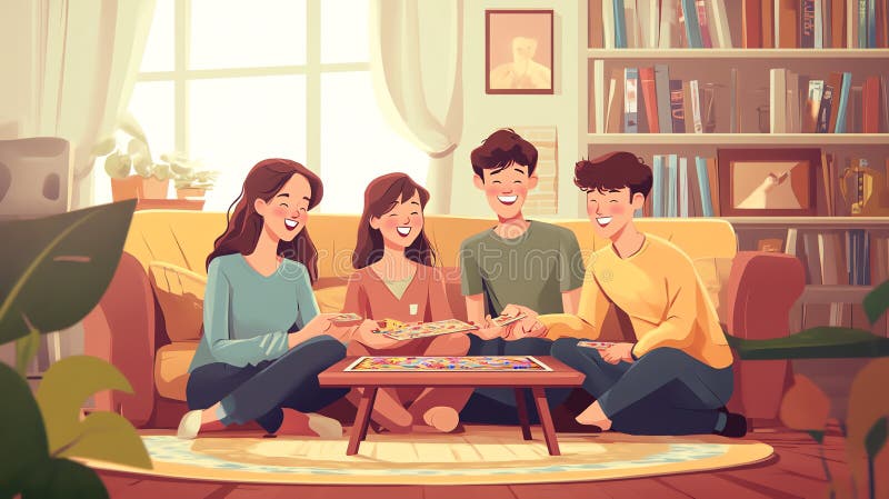 Joyful Friends Playing Board Game Illustration Stock Image - Image of ...