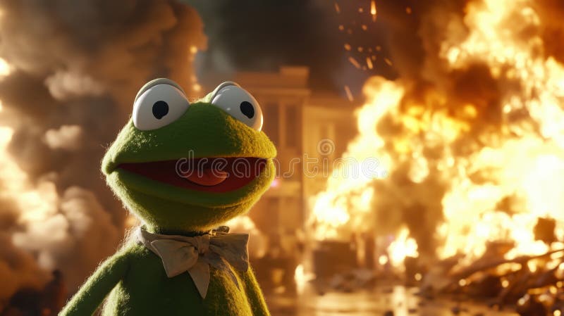 Joyful Frog Character in Dramatic Fire Scene Stock Illustration - Illustration of funny ...