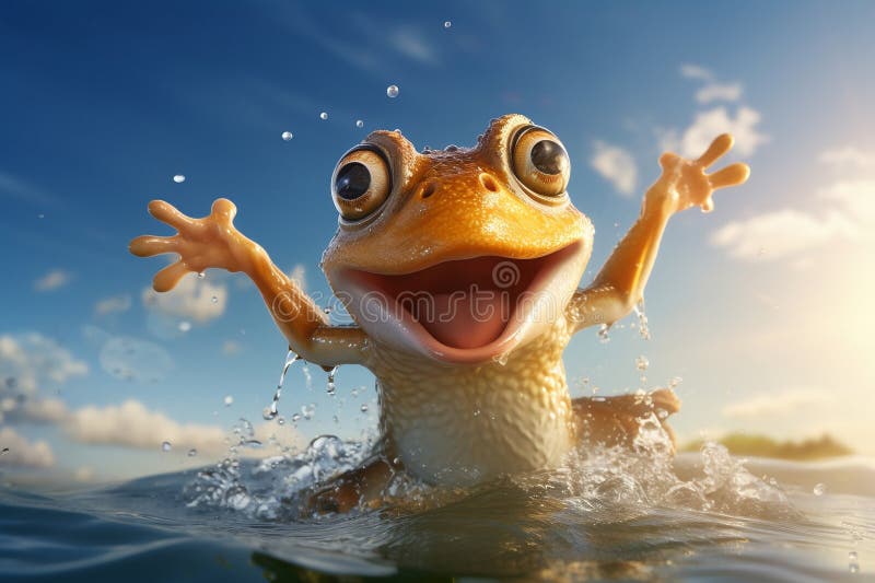 Joyful Frog Leaping into the Ocean. AI Stock Illustration ...