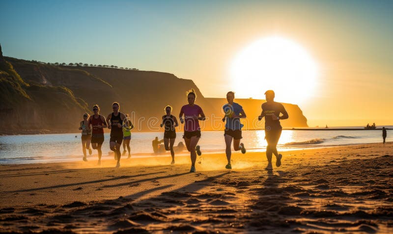 A Group of People Running on a Beach Stock Illustration - Illustration ...