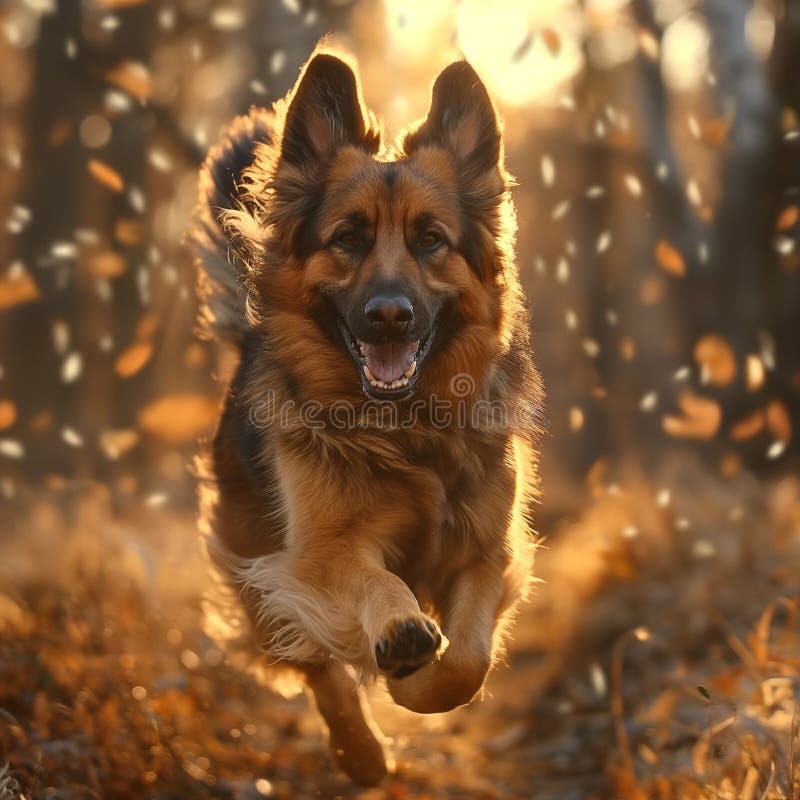 A Joyful German Shepherd Running through a Forest with Autumn Leaves ...
