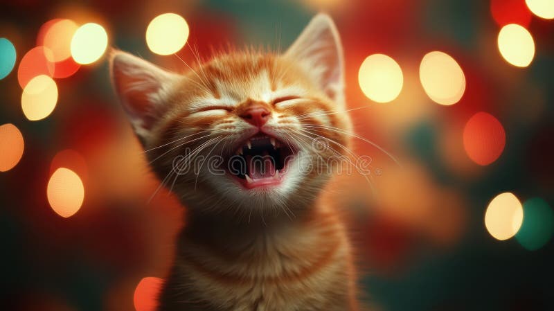 Joyful Ginger Kitten Laughing Delightfully with Festive Bokeh Lights in ...