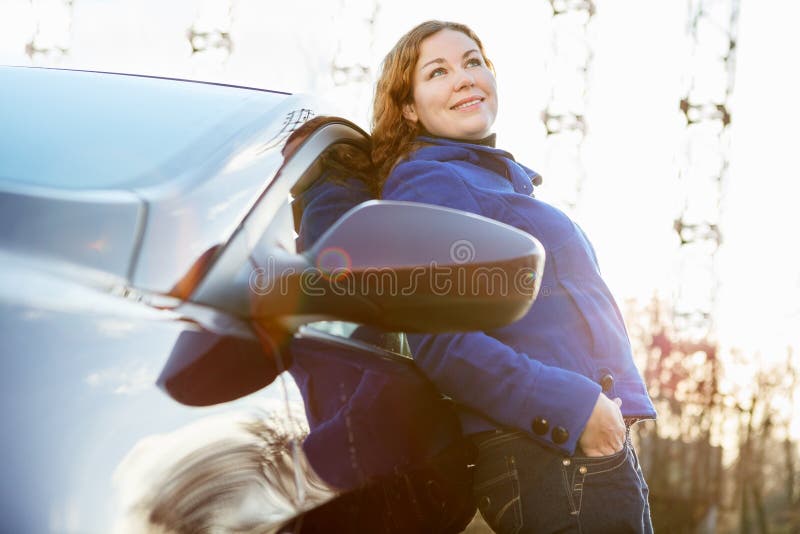 Joyful Girl Leaned Against Car Stock Image - Image of caucasian, girl ...