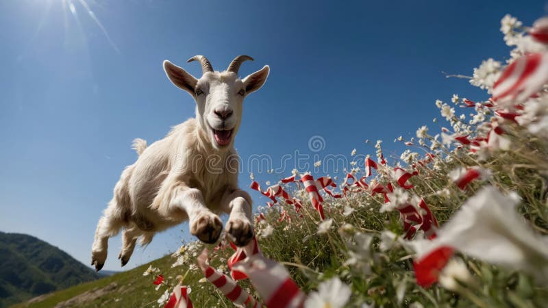 Joyful Goat Leaping through a Field of Flowers Under a Bright Sunny Sky ...