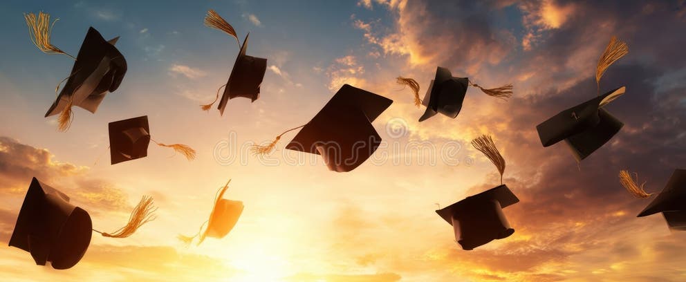 The Joyful Graduation Caps Soaring into a Vibrant Sunset Sky..AI ...
