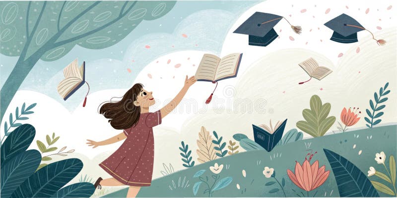Joyful Graduation Celebration with Books and Caps in Nature Scene Stock ...