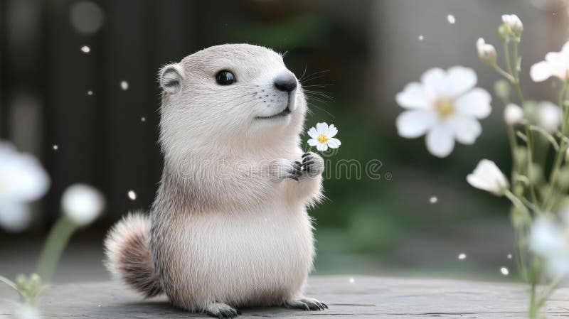 Spring Garden Display, a Joyful Groundhog with a Flower, on a Garden ...