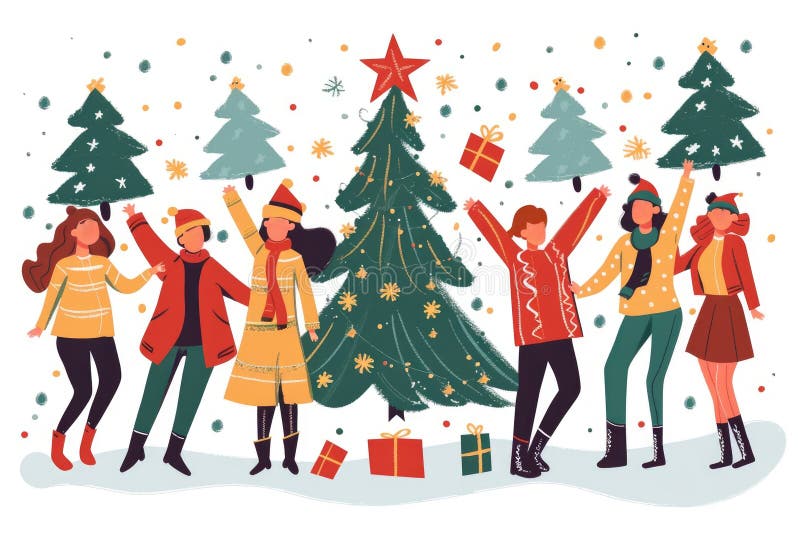 Joyful Group Celebrating Christmas Together Around Decorated Tree Stock ...