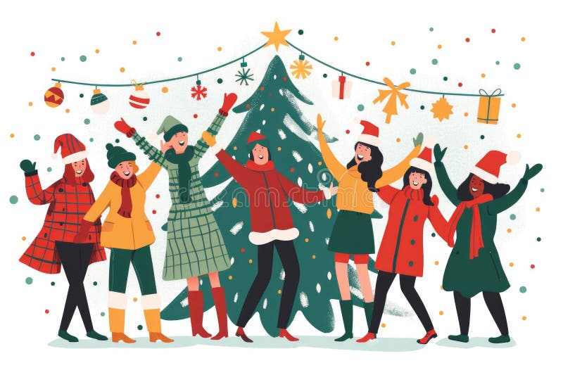 Joyful Group Celebrating Christmas Together Around Decorated Tree Stock ...