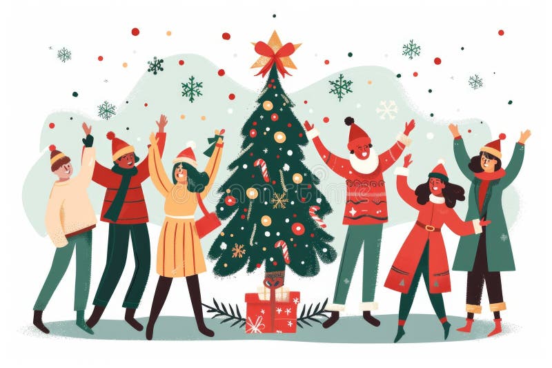 Joyful Group Celebrating Christmas Together Around Decorated Tree Stock ...