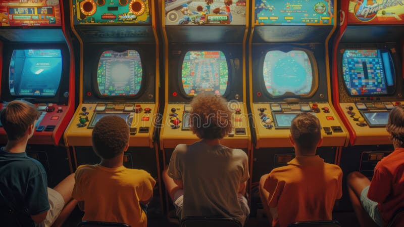 Joyful Group of Friends Having Fun while Playing Arcade Machine ...