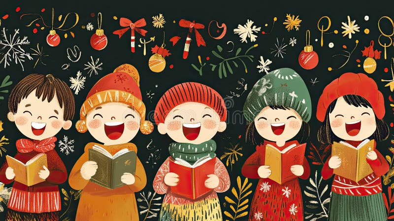 Joyful Illustration of Children Caroling, Surrounded by Festive ...