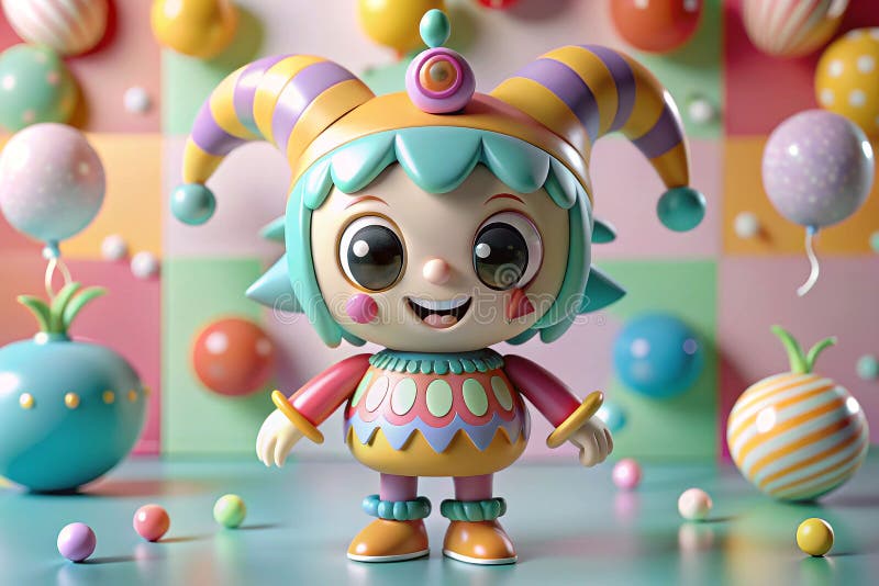 Joyful Jester Figure in Colorful Room with Balloons Stock Illustration ...