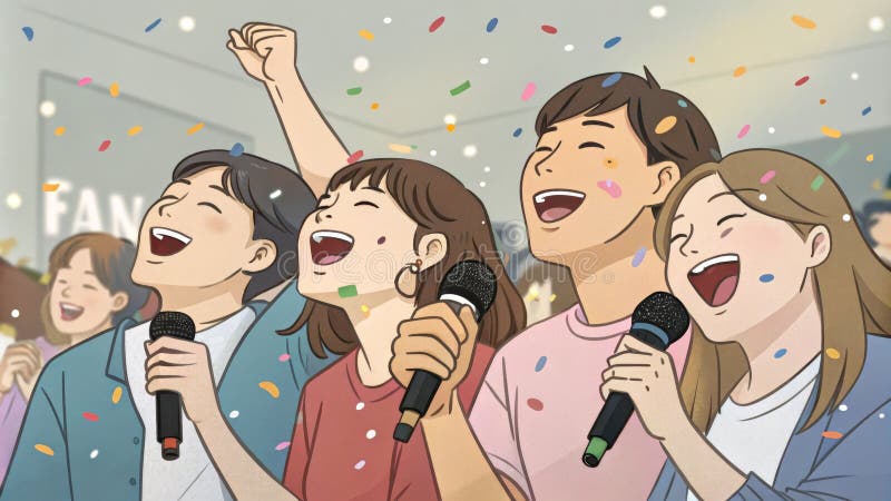 Joyful Karaoke Night Four Friends, Confetti, Illustration Stock ...