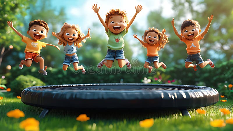 Joyful Kids Jumping Trampoline Backyard Summer Fun Stock Illustration ...
