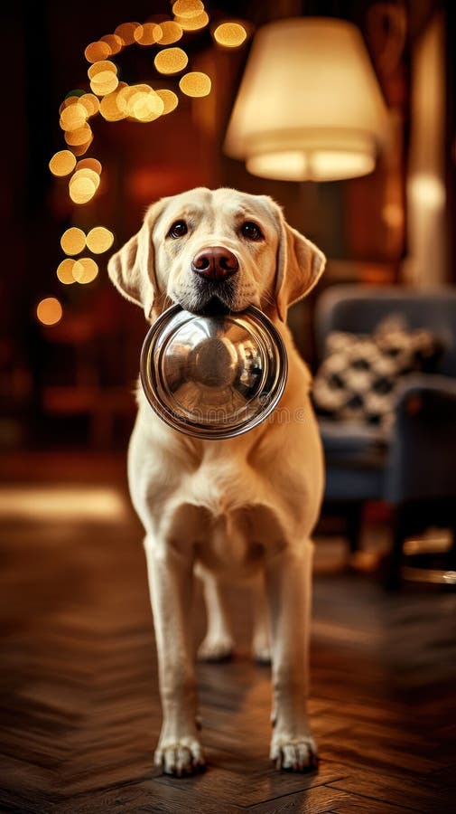 Joyful Labrador Retriever Holding Bowl in Cozy Setting Stock Image ...