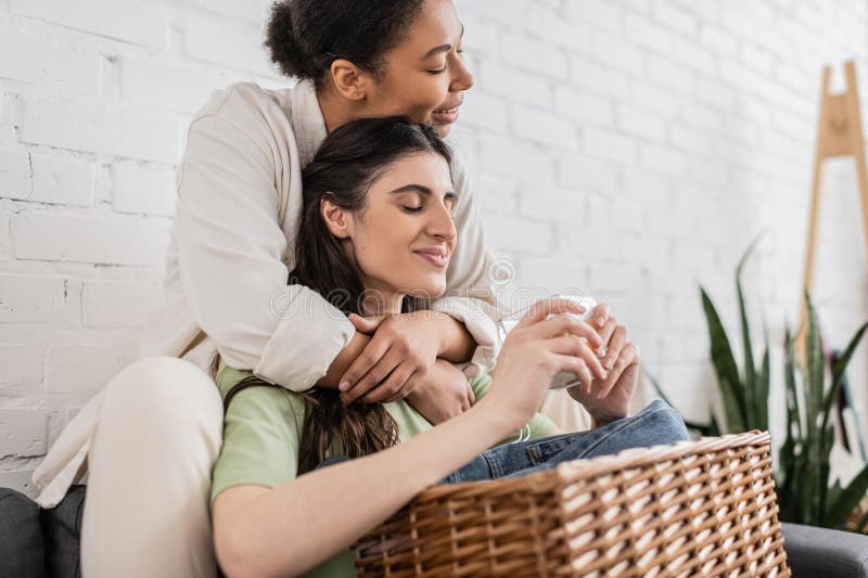 Joyful Lesbian And Multiracial Woman Hugging Stock Image Image Of