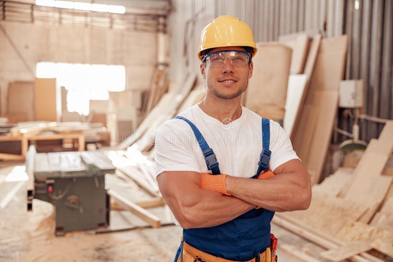 Joyful Male Worker Standing in Carpentry Workshop Stock Image - Image ...