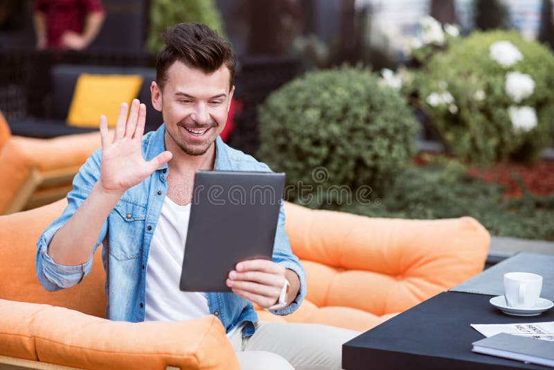 Joyful Man Talking through the Internet Stock Photo - Image of ...