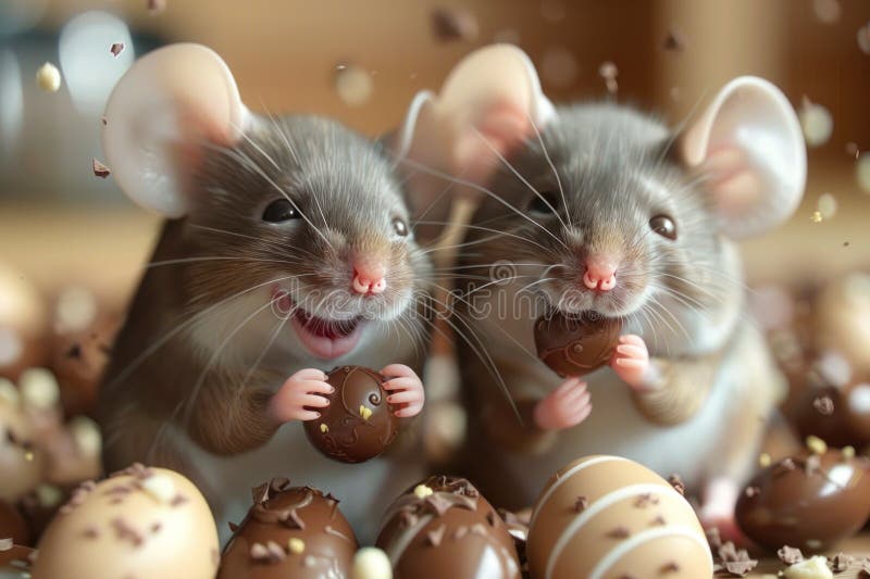 Joyful Mice Celebrating with Chocolate Easter Eggs. Stock Image - Image ...